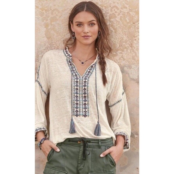 Sundance | Tops | Sundance M Gisele Geo Top Ivory Linen Embroidered ...
